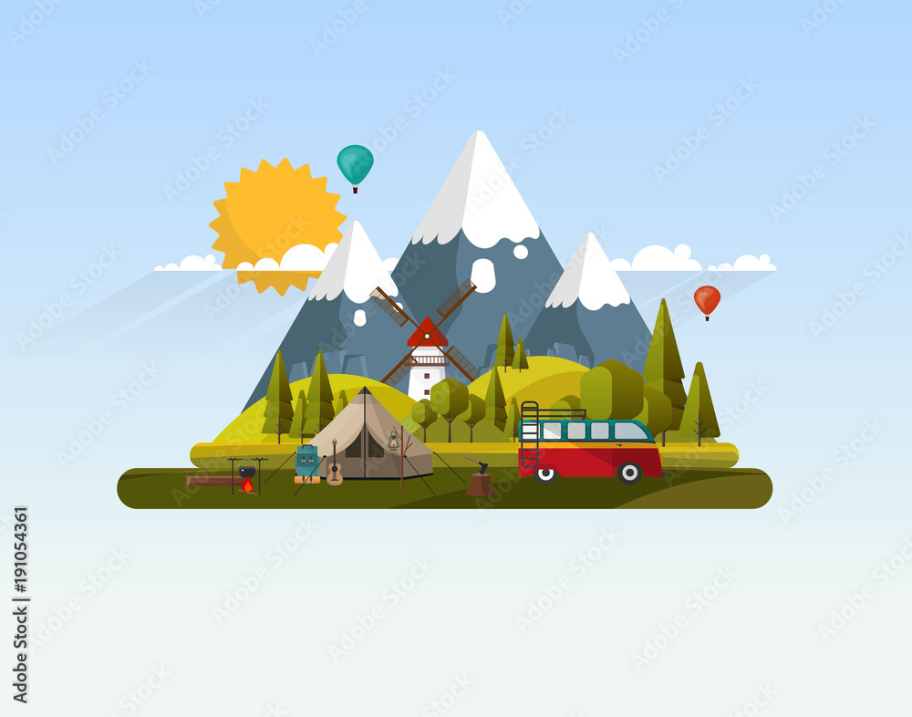 Vector Abstract Flat Design Landscape with Wild Camp. Stock Vector ...