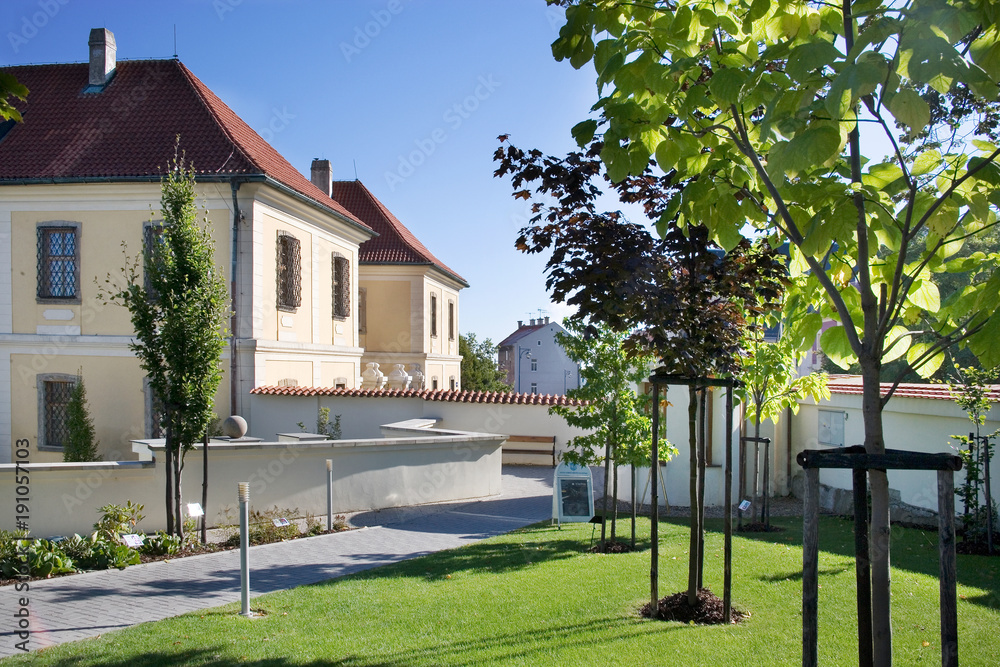 baroque castle with park, historical town center of town Kladno ...