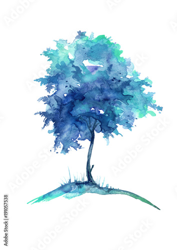 Watercolor blue tree isolated on white background. Vintage drawing ...