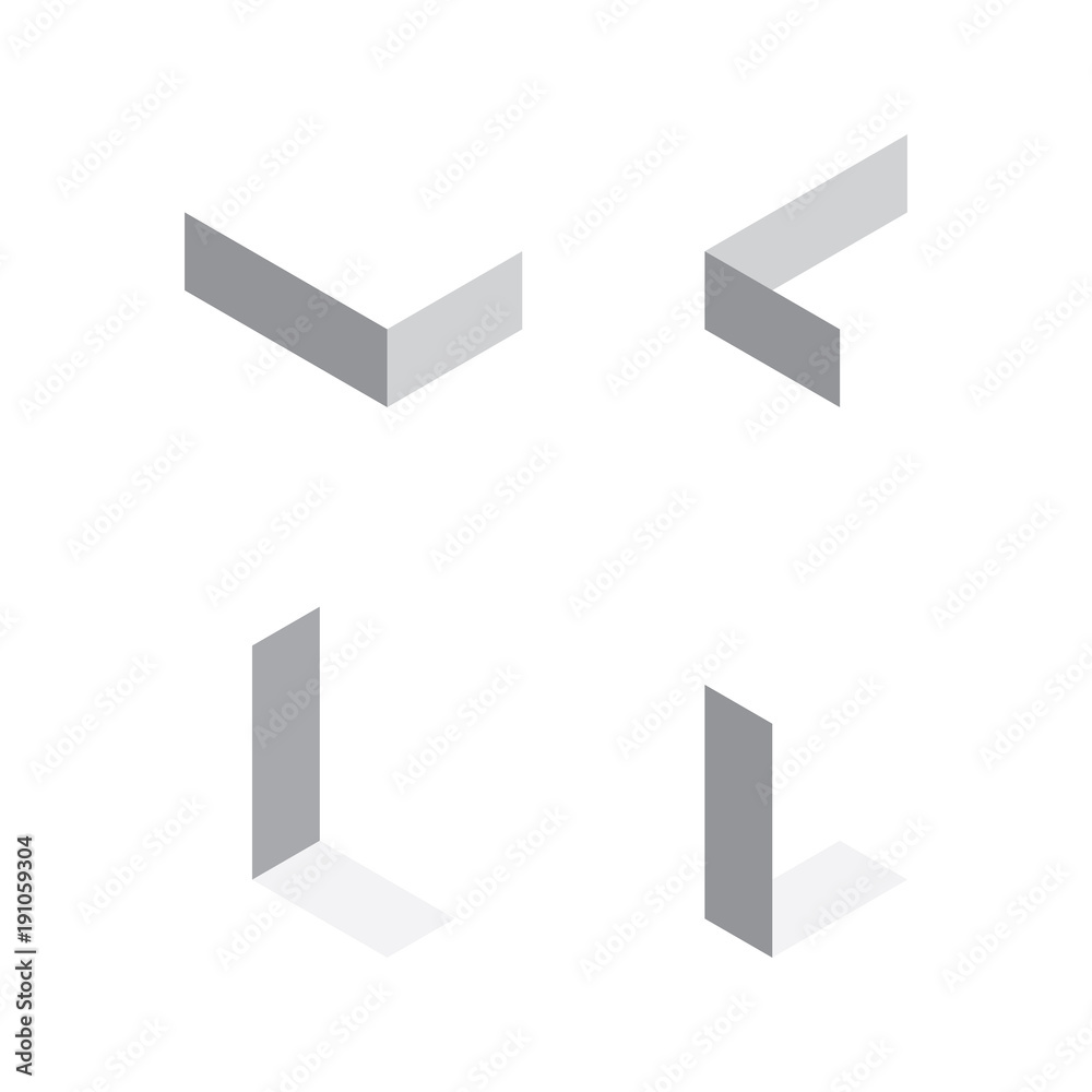 Vector isometric letters L in various foreshortening views. Edge ...