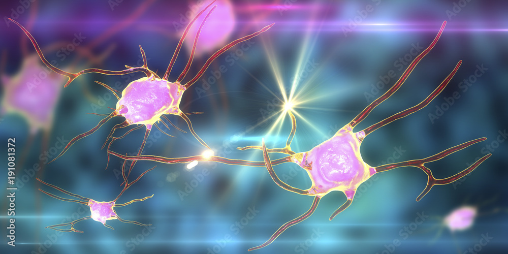 Neuron brain cell, neural network, 3D illustration. Human nervous ...