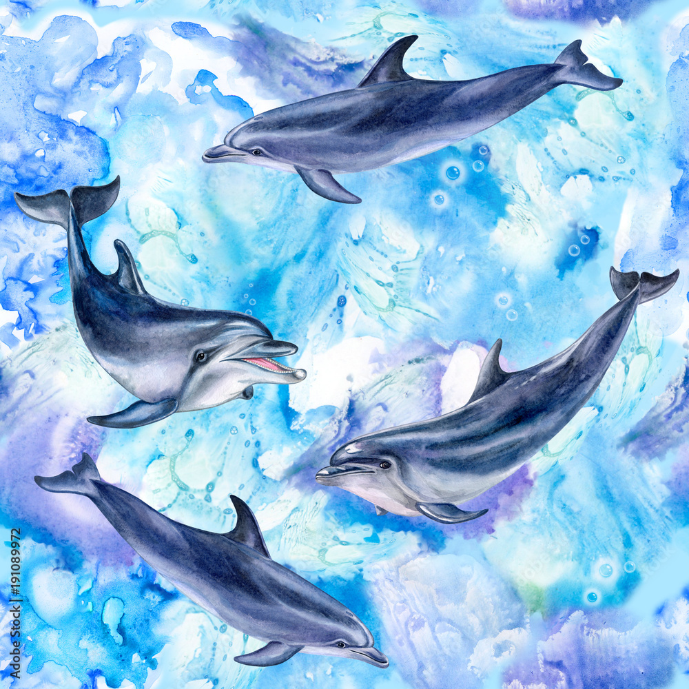 Sea blue seamless pattern with dolphins. Illustration. Watercolor ...