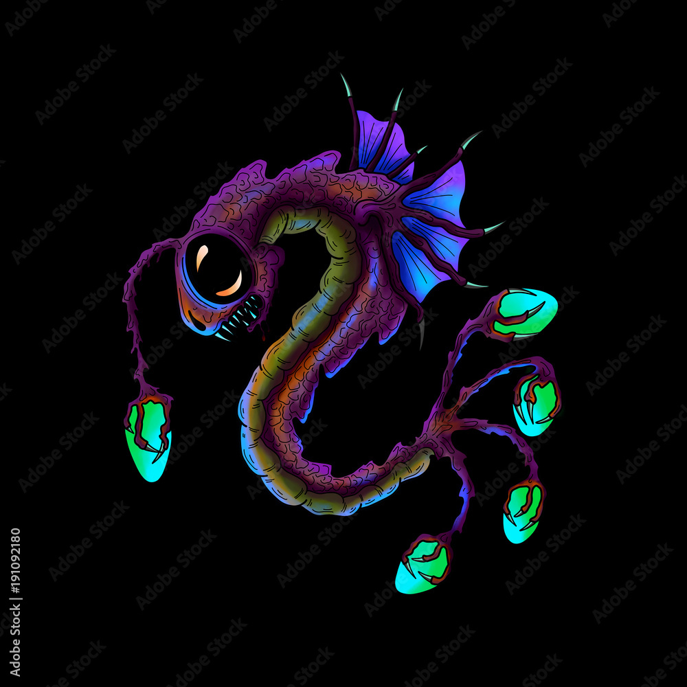 Cartoon Angler Deep Sea Fish Dragon Imaginary On Black Background Stock ...