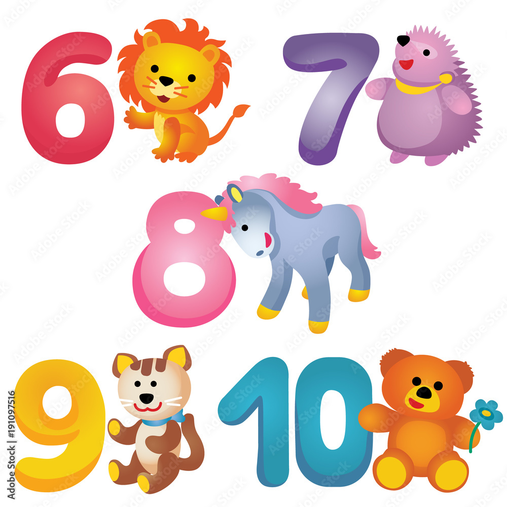 Numbers from 6 to 10 with plush animals / Colorful numbers from 6 to 10 ...