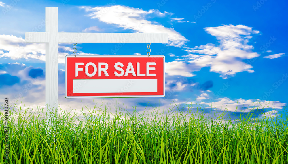 For Sale sign in green grass, 3d rendering Stock Illustration | Adobe Stock