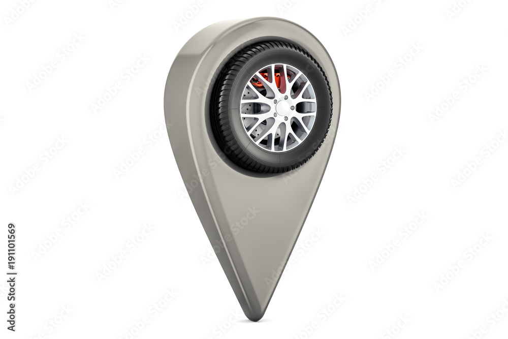 Map pointer with car wheel, service location concept. 3D rendering ...