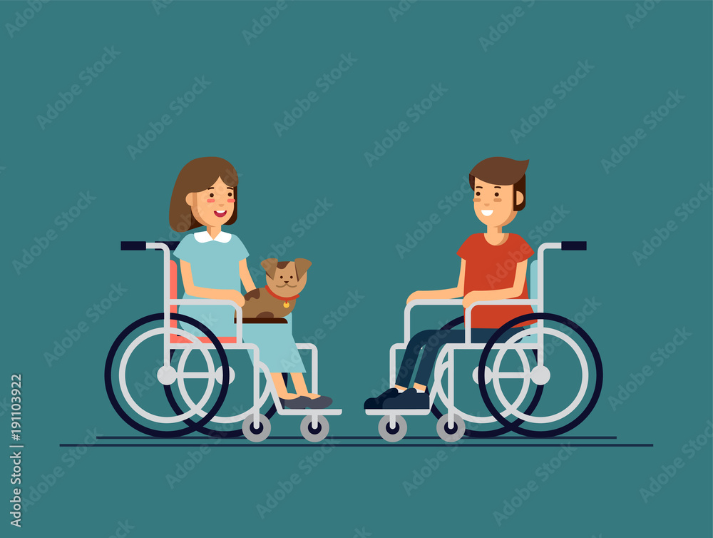 Cute disabled boy and girl kid sitting in a wheelchair and keep the ...