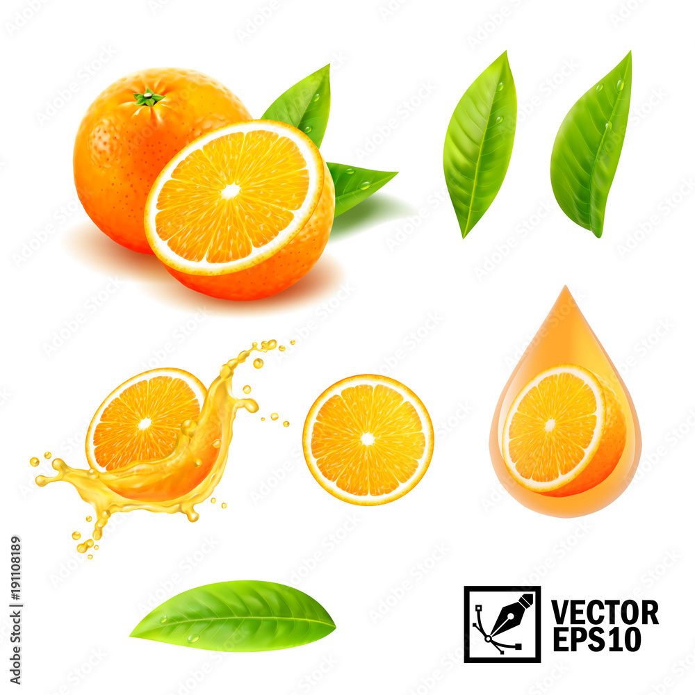 3d realistic vector set of elements ( whole orange, sliced orange ...