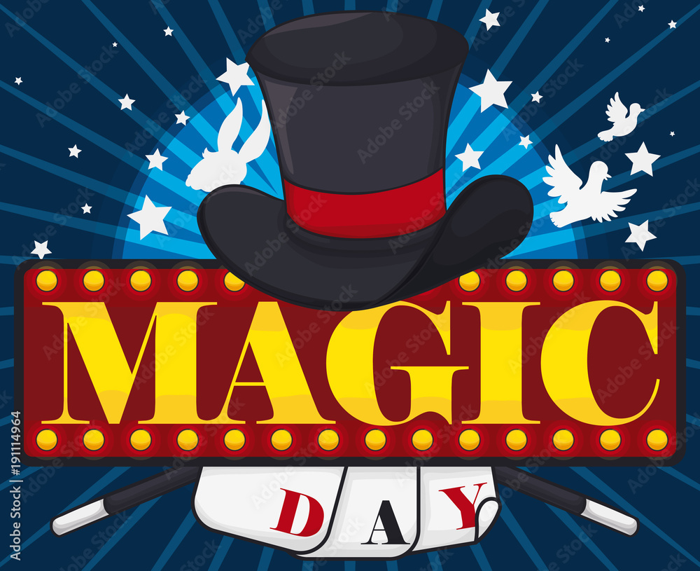 Magic Day Design with Magical Elements: Hat, Cards and Wands, Vector ...