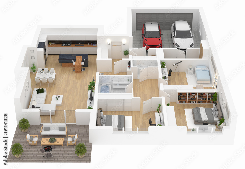 Floor plan top view. House interior isolated on white background. 3D ...