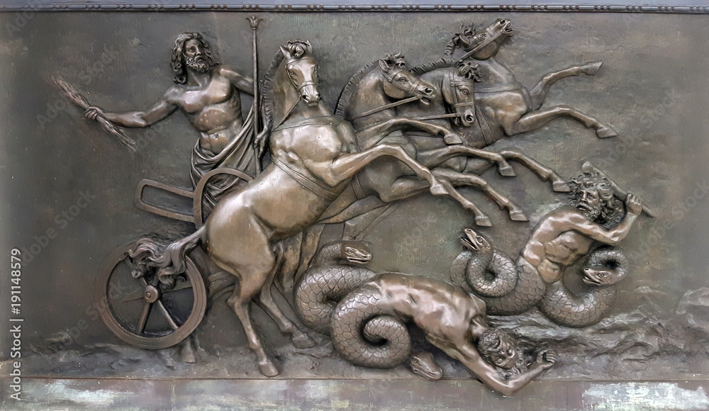 Metallic Panel depicting with Zeus, greek ancient god, in war chariots ...