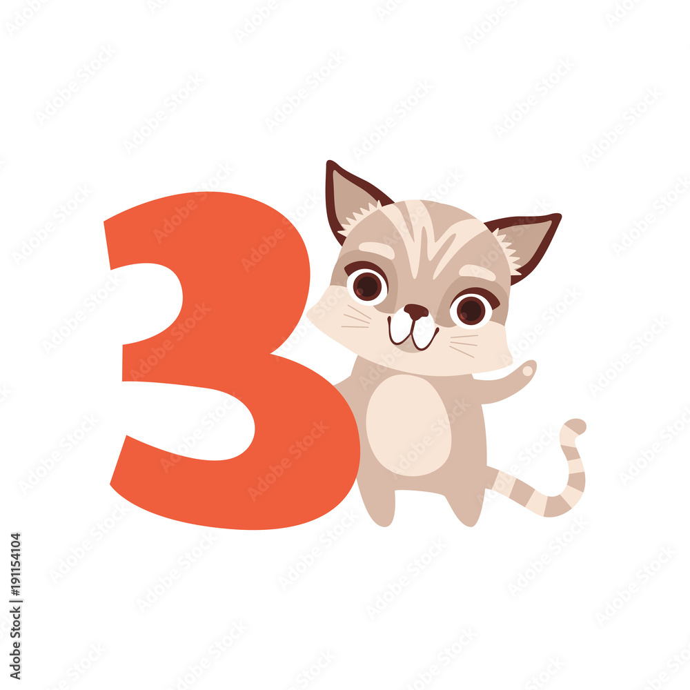 Funny cute raccoon animal and number three, birthday anniversary, learn ...
