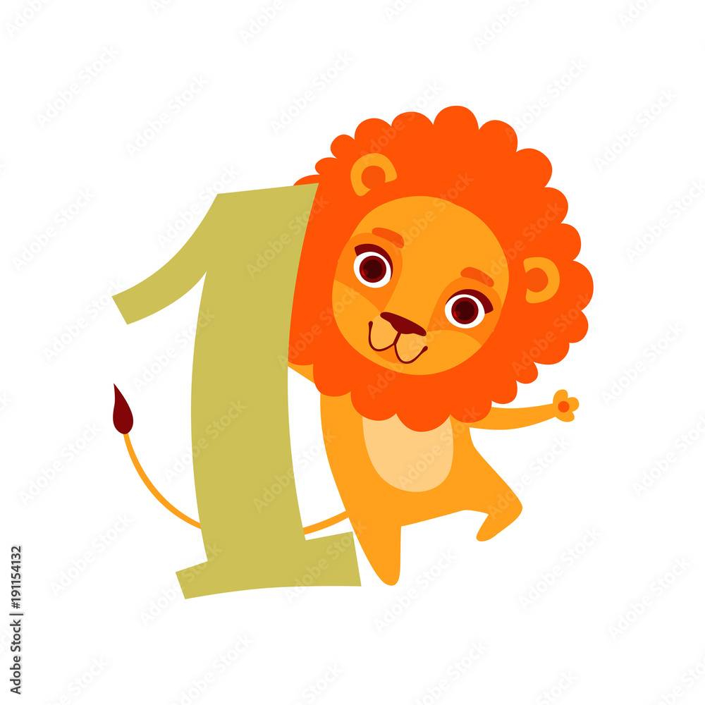 Funny cute lion animal and number one, birthday anniversary, learn to ...