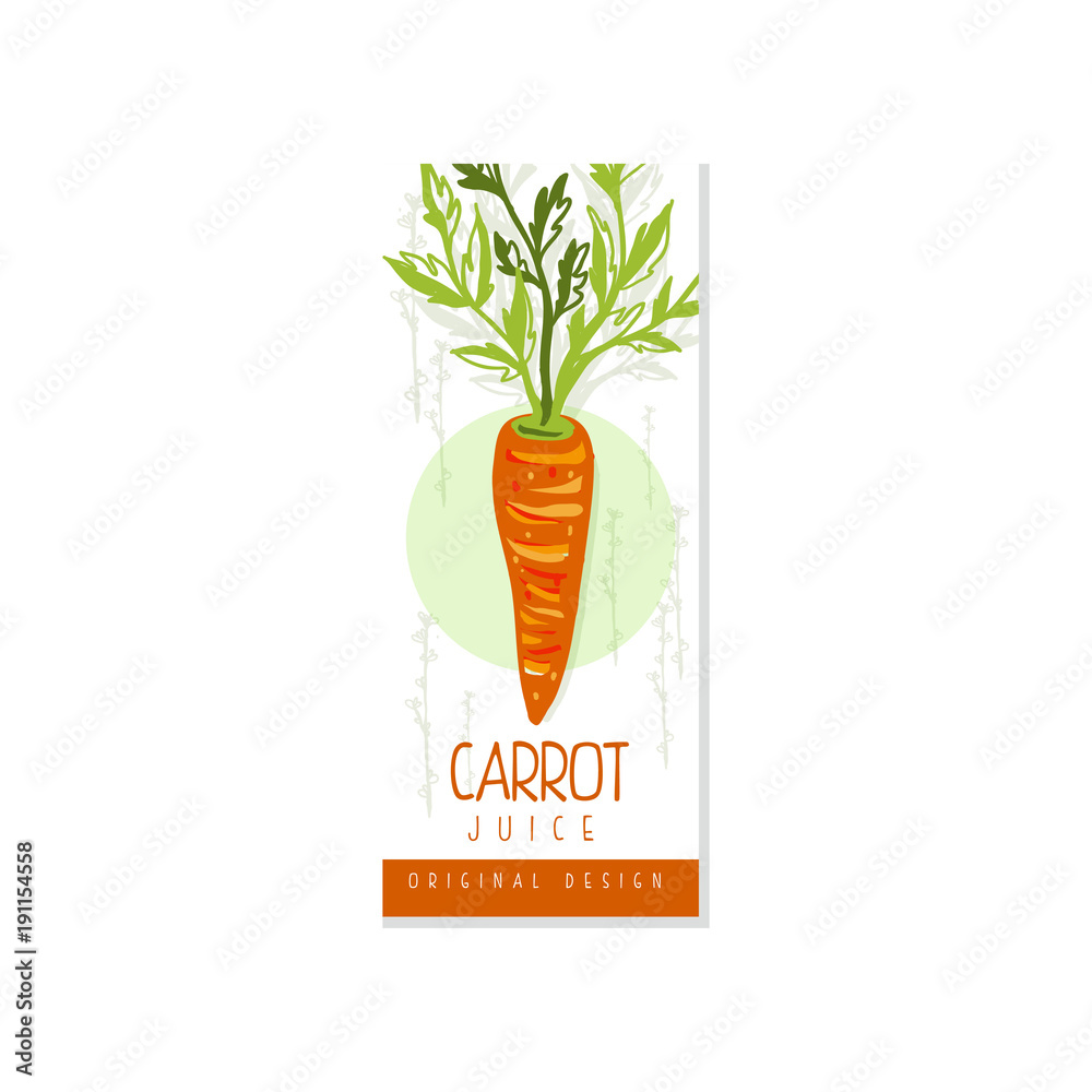 Vertical hand drawn label for natural carrot beverage. Vitamin drink ...