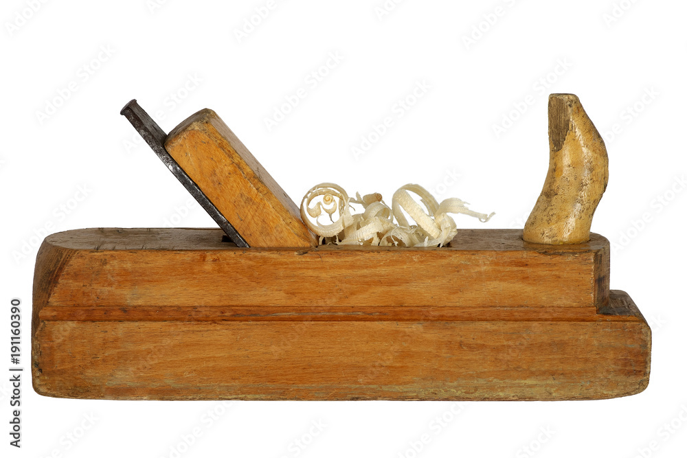 vintage planer with shavings. white background. for wood processing ...