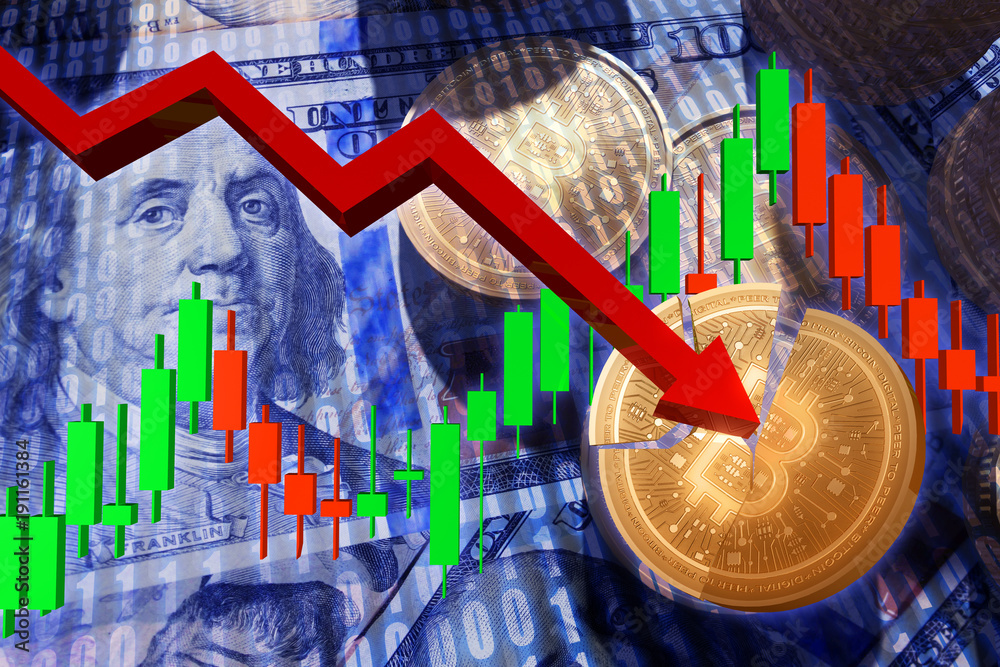 Red down arrow and crack bitcoin and chart green and red on candle ...