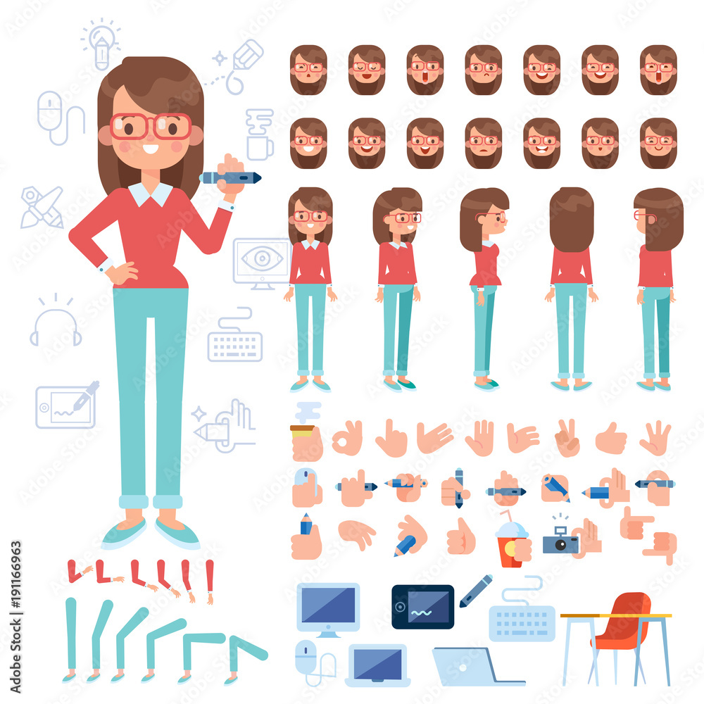 Front, side, back view animated character. Girl Designer character ...