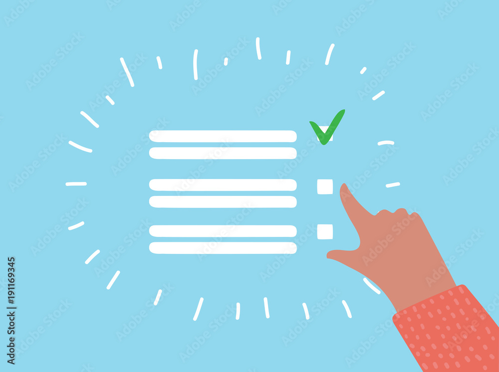 Cartoon checklist with red check marks and blank copy space on lines ...