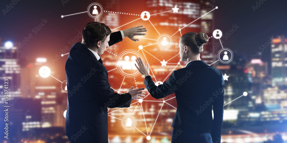 Concept of social connection and networking against night city view and ...
