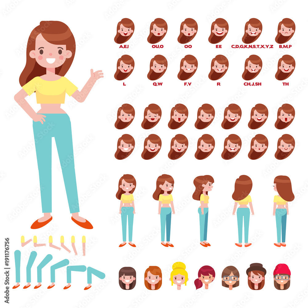 Flat Vector Girl character for your scenes. Character creation set with ...