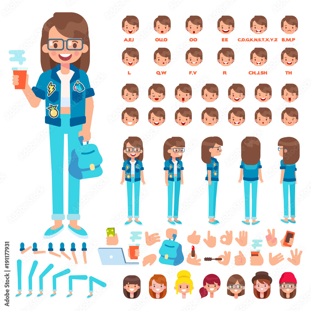 Flat Vector Hipster Girl character for your scenes. Character creation ...