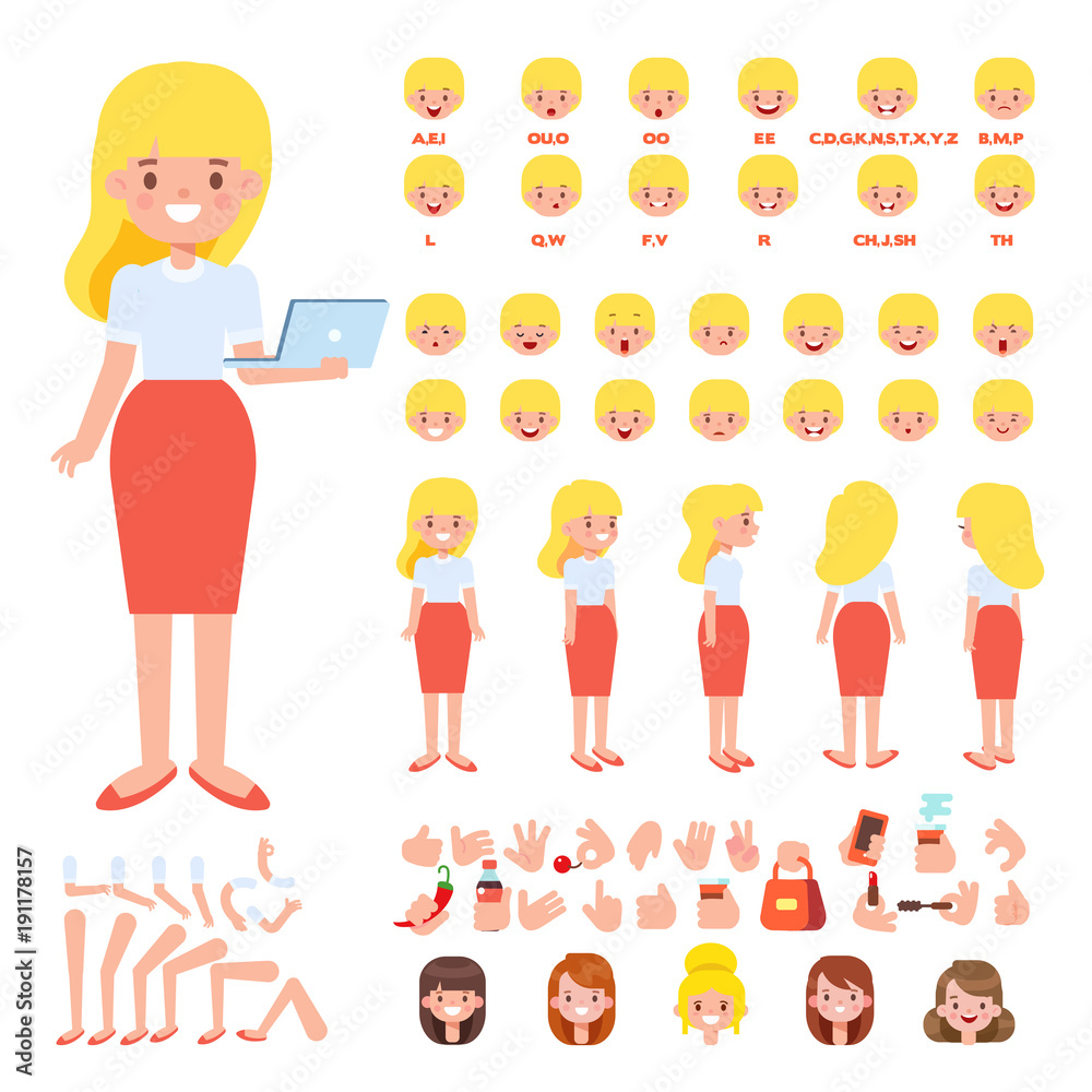 Front, side, back view animated character. Pretty young woman character ...