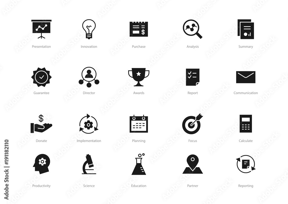 Set of black solid business icons isolated on light background ...