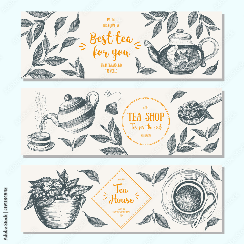 Tea shop banner set. Horizontal banner collection for tea design ...
