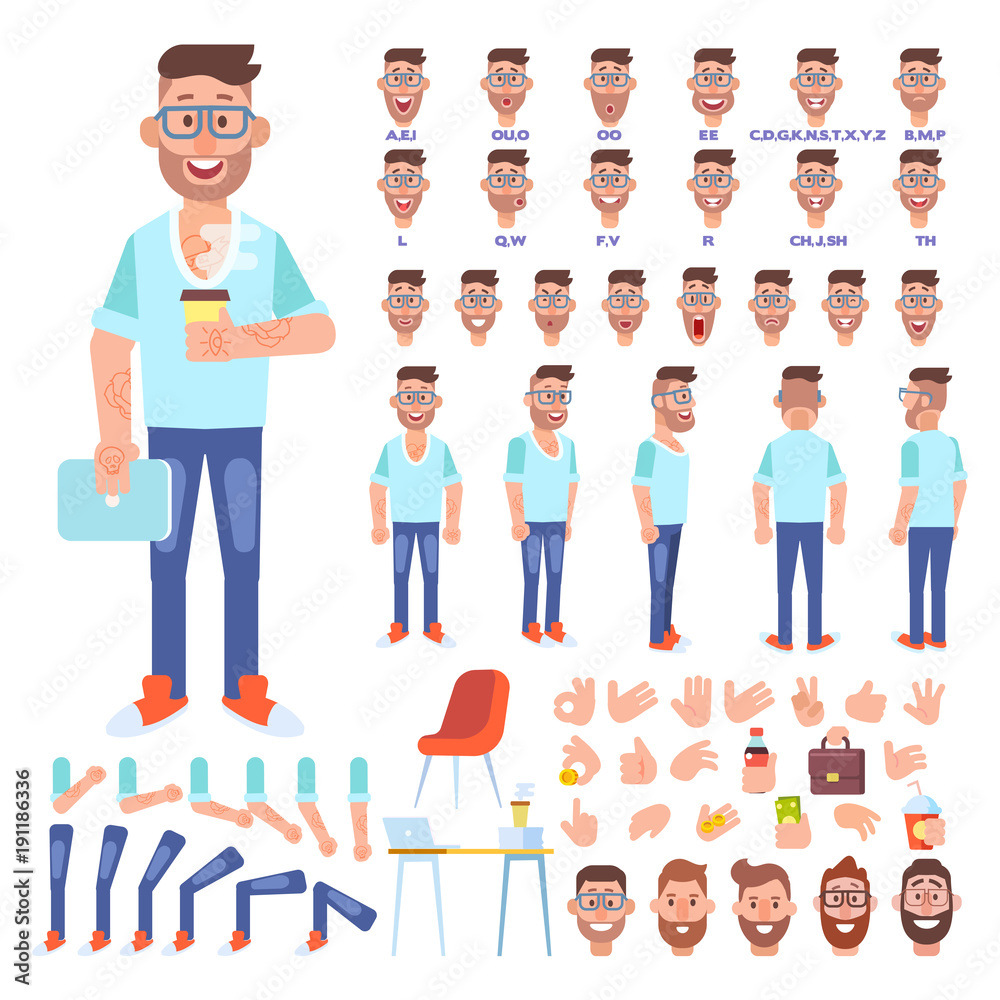 Front, side, back view animated character. Male Designer character ...