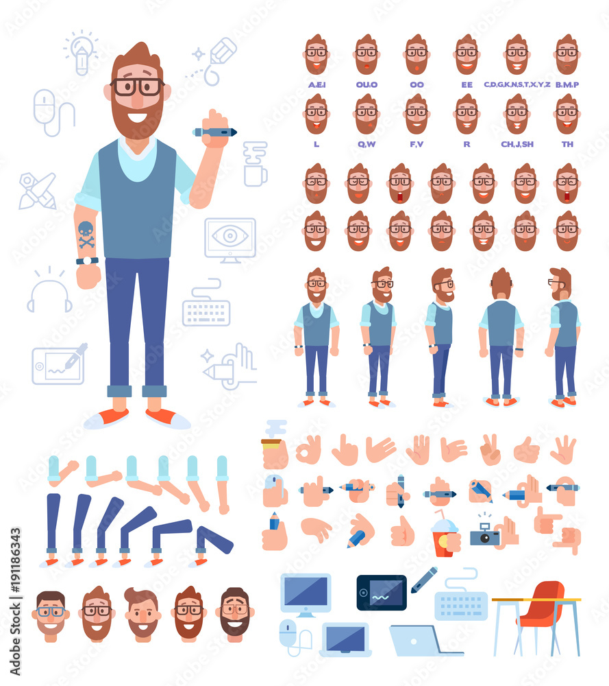 Front, side, back view animated character. Male Designer character ...