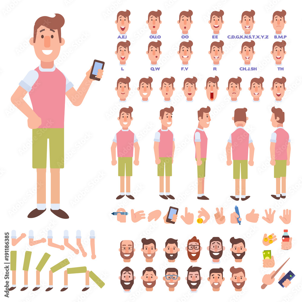 Flat Vector Guy character for your scenes. Character creation set with ...