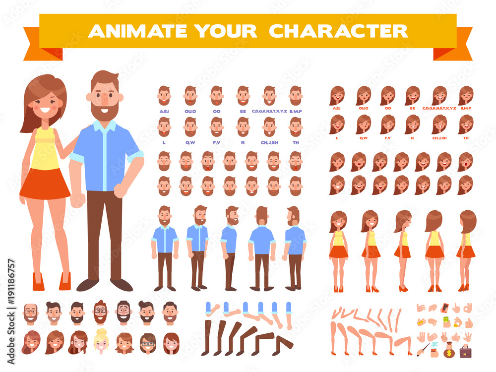 Front, side, back view animated characters. Male and Female characters ...