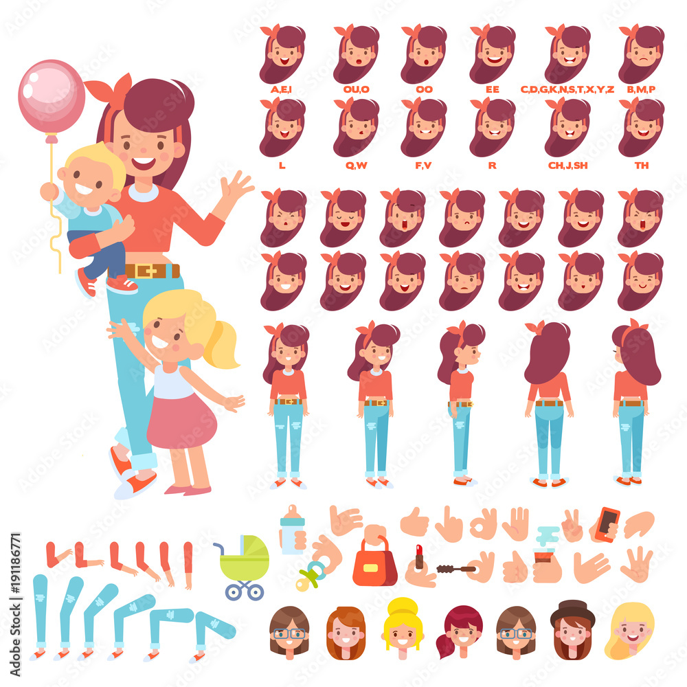 Happy Mother with kids. Front, side, back view animated characters ...