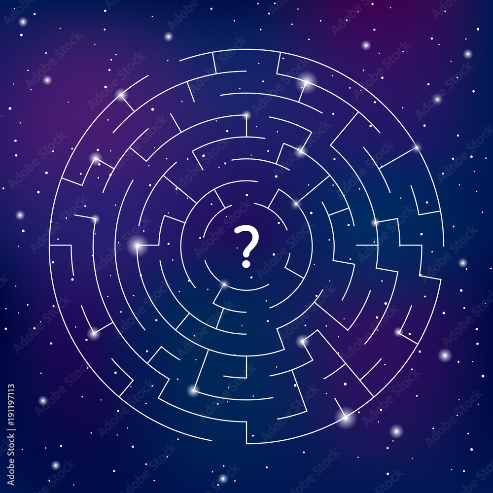 Round labyrinth with question sign on space background, find your way ...