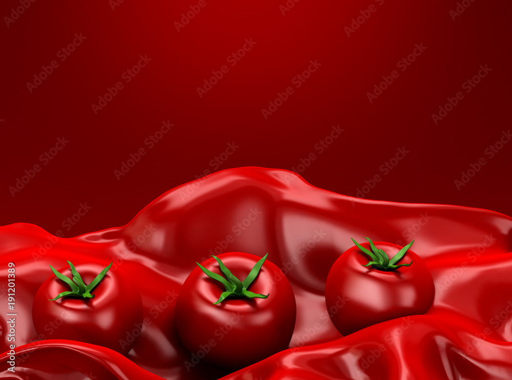 Beautiful red background with tomato and splash of juice, tomato paste ...