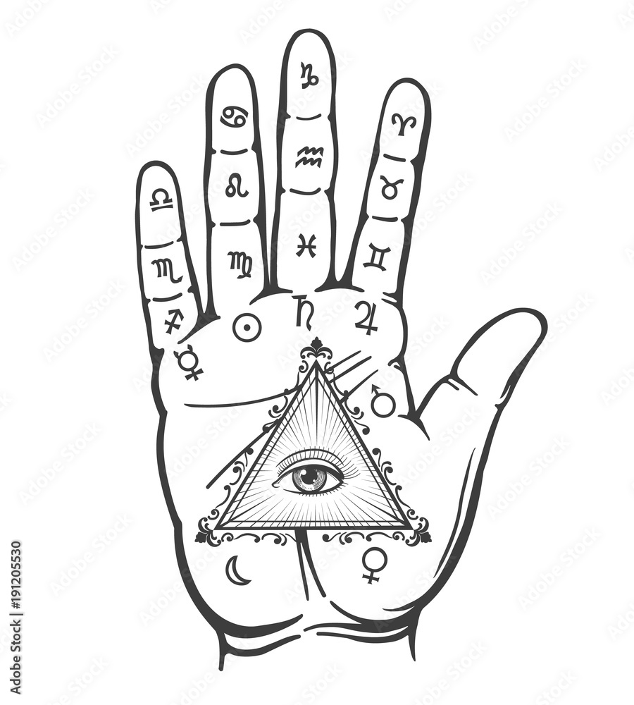 Palmistry hand. Vintage hand drawn psychic hand with magic eye and ...