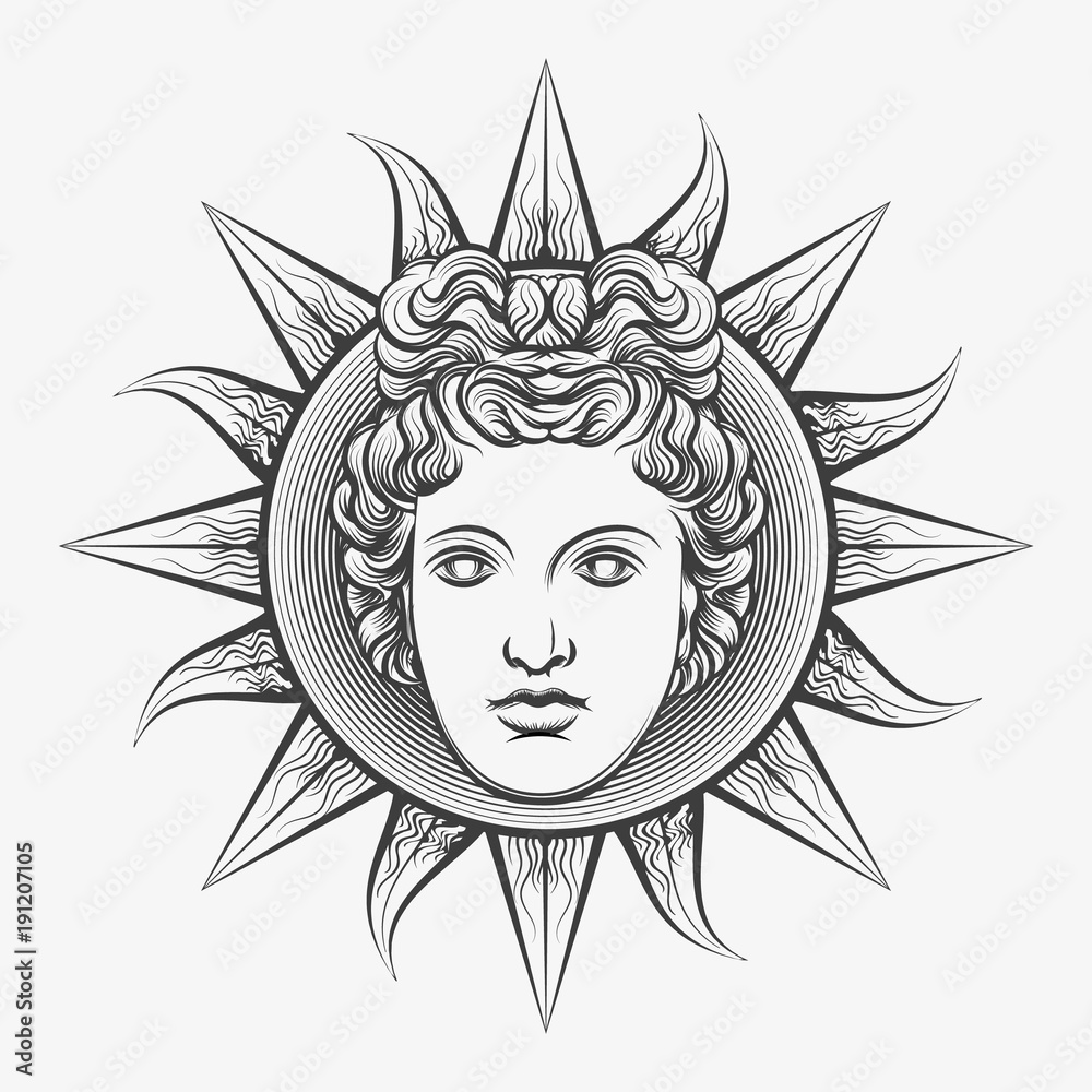Apollo sun. Antique roman apollo sun face god engraving vector ...