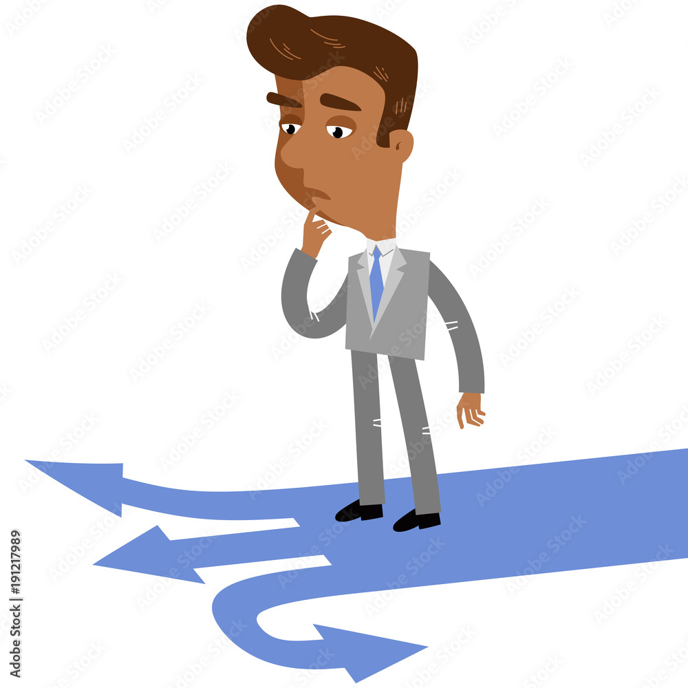 Vector illustration of a pondering asian cartoon businessman looking at ...