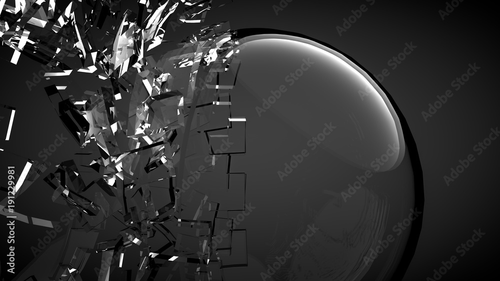 Broken glass sphere black background. 3d illustration, 3d rendering ...