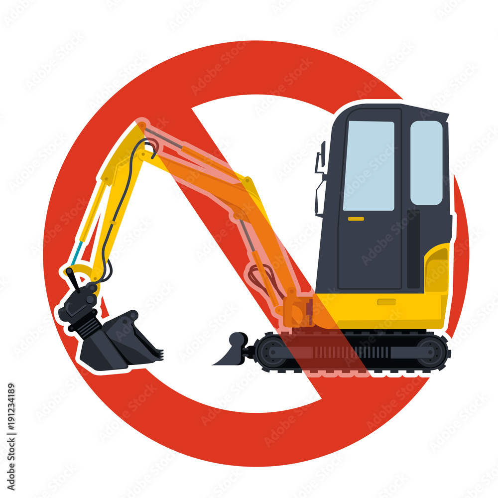 Prohibition of excavation work symbol. Dredging strict ban sign ...