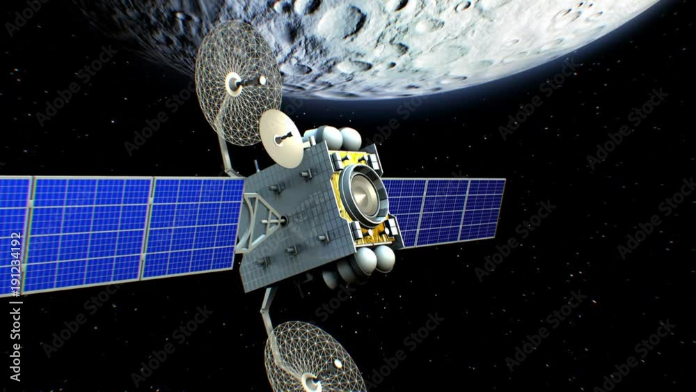 Fictional artificial satellite in Moon orbit, 3d animation. Texture of ...