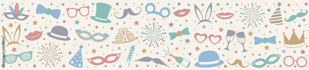Pastel coloured banner with party icons. Carnival, photobooth and ...