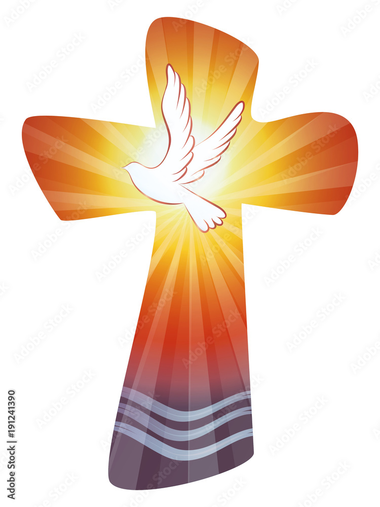 Baptism Christian cross with water waves and dove on sunset background ...
