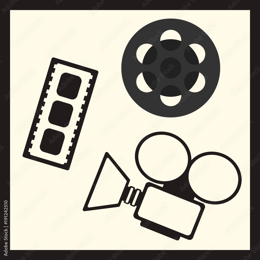 Film industry vector set: motion-picture camera, filmstrip, cine-film ...