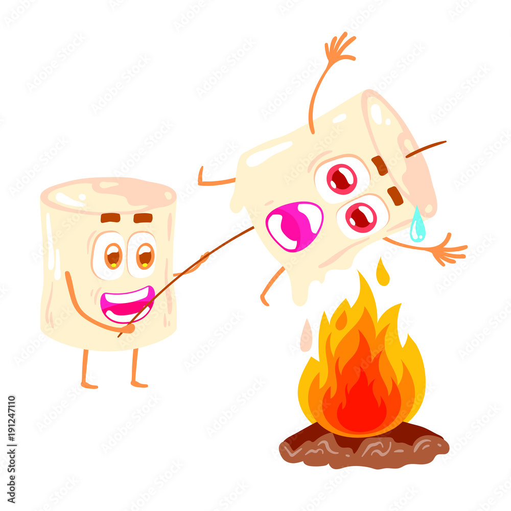 Vetor de Funny and cute characters of marshmallow with big fire, vector ...