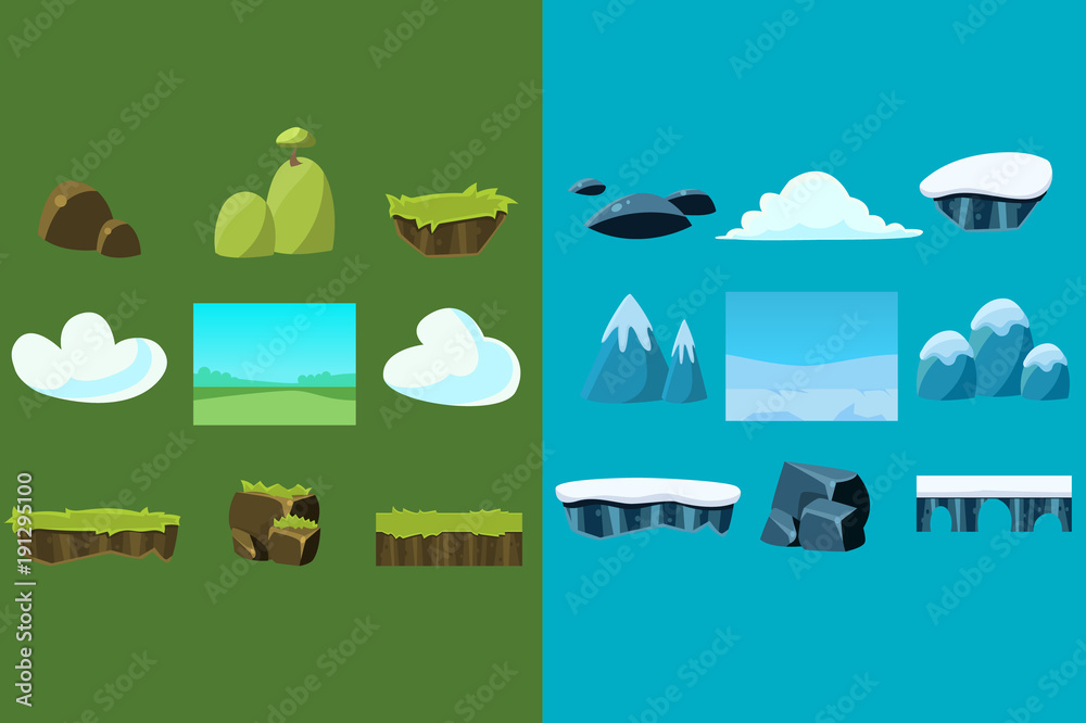 Set of nature materials for mobile arcade game. Blocks with snow and ...