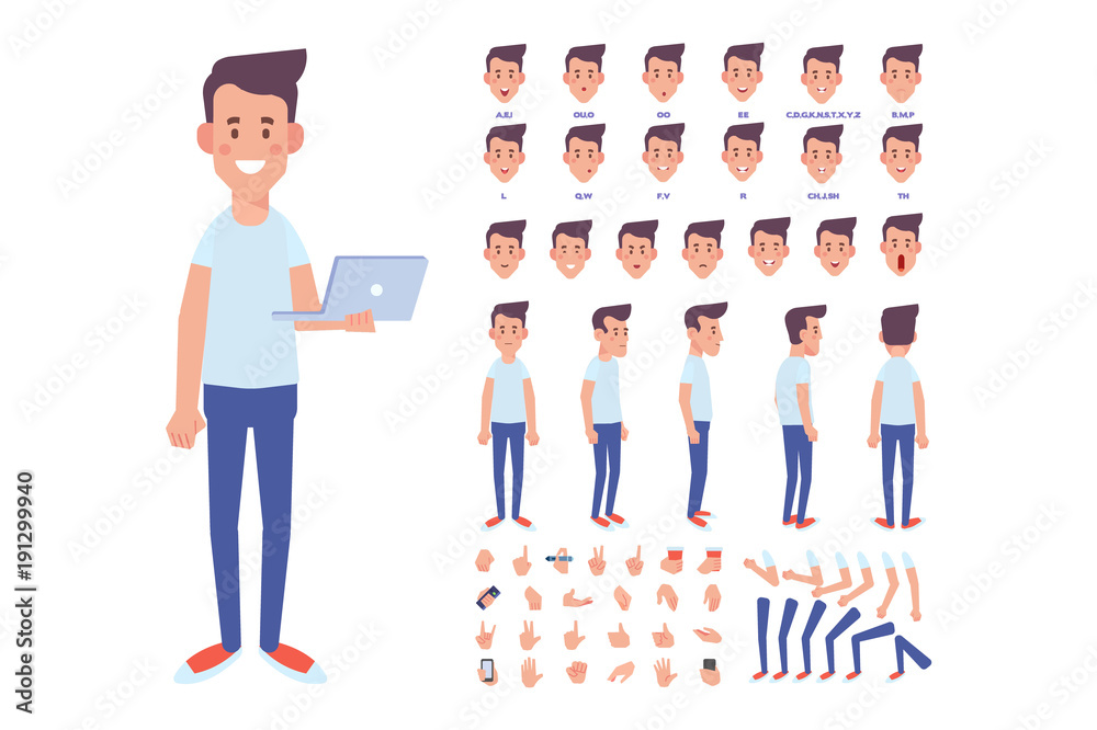 Front, side, back, 3/4 view animated character. Young guy character ...