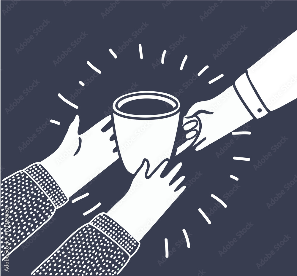 Vector illustration in cartoon style with persons gives another a Cup ...