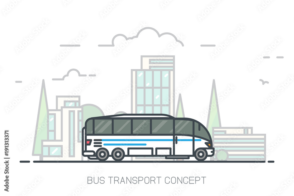 Touristic white bus driving on freeway. Urban background, skyscrapers ...