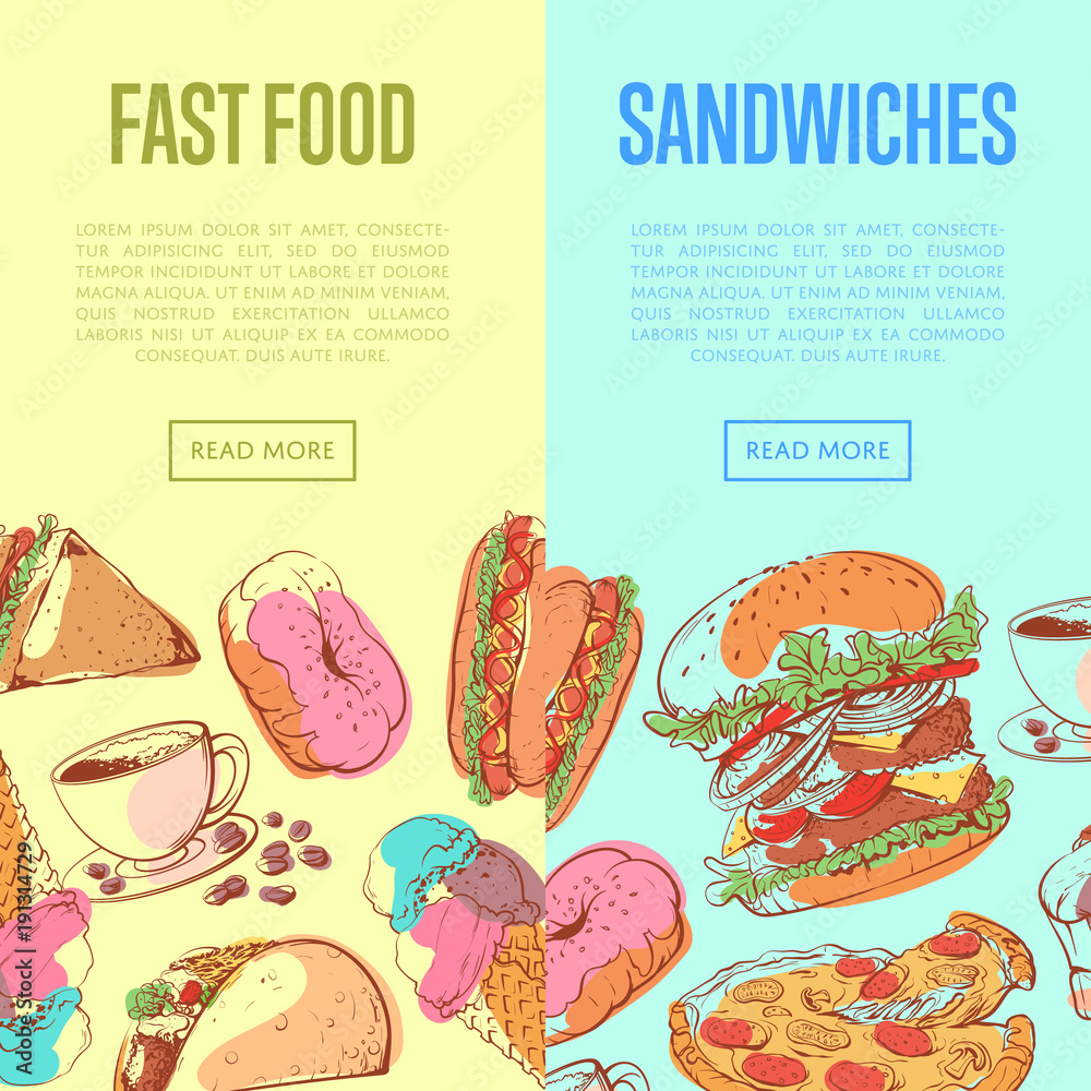 Fast food flyers with sandwich, muffin, ice cream, taco, donut, hot dog ...